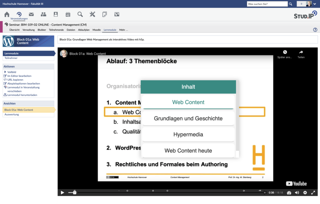 Mehr Interaktivität im Kurs Content Management über h5p – WebLab